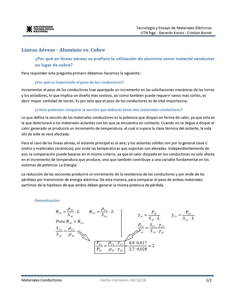 Lineas Aereas - Al Vs Cu - 160822 | PDF | Aislador (Electricidad ...
