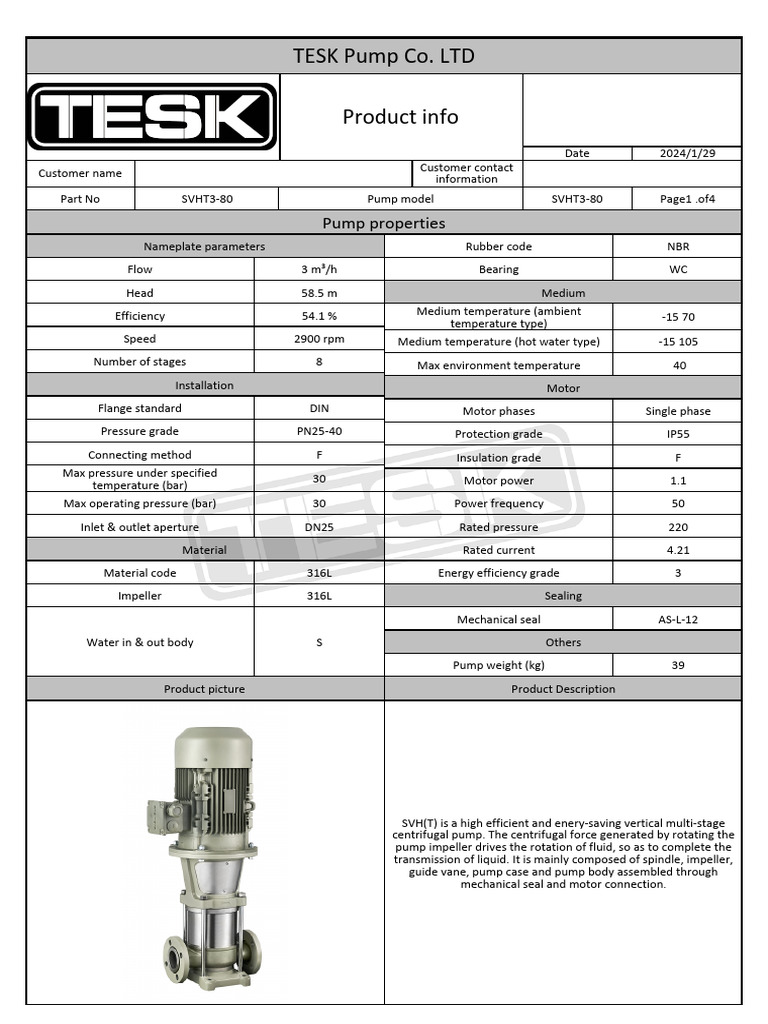 Ficha Tecnica SVH 3-80-11 220V AISI316 | PDF | Pump | Mechanical Engineering