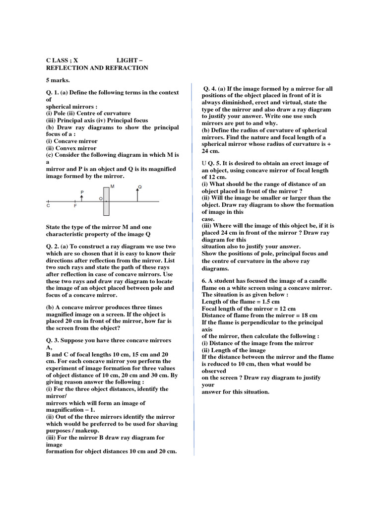 Work Sheet 2 Tenth | PDF | Mirror | Optics