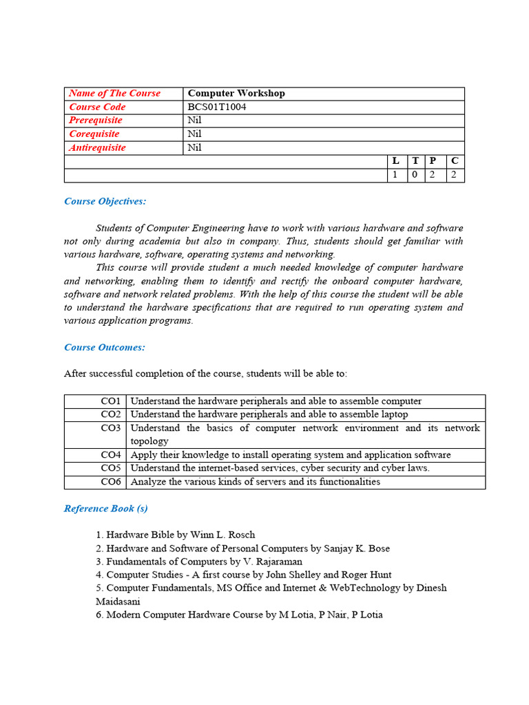 Computer Workshop Course Overview | PDF | Operating System | Laptop