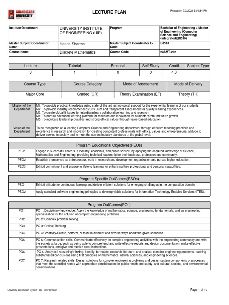LecturePlan BI519 23SMT-242 | PDF | Engineering | Science