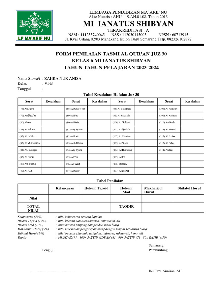 Penilaian Ujian Tasmi Kelas 6 | PDF