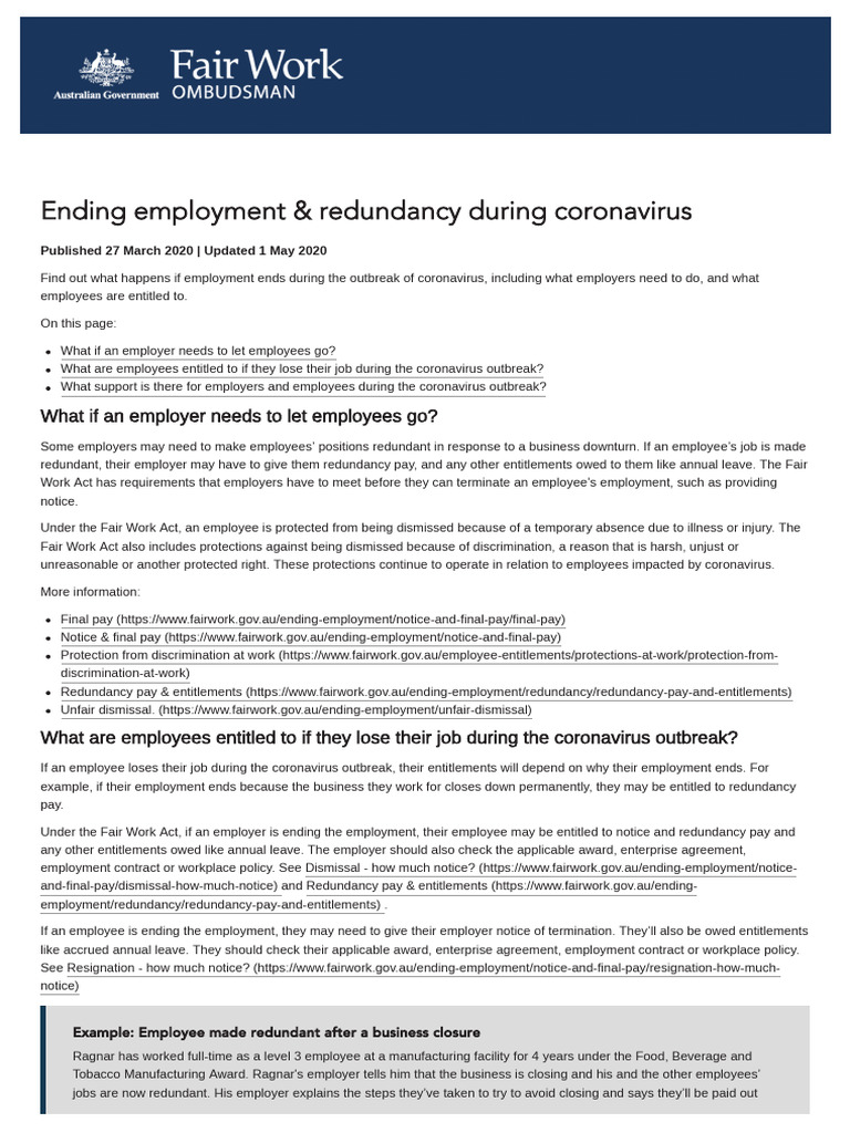 Ending Employment & Redundancy During Coronavirus - Fair Work Ombudsman ...