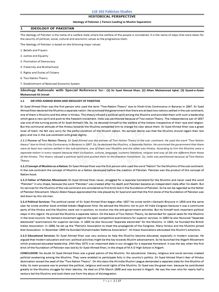 BS 1st Semester Pak Studies Notes by Awais Akram | PDF | Two Nation ...