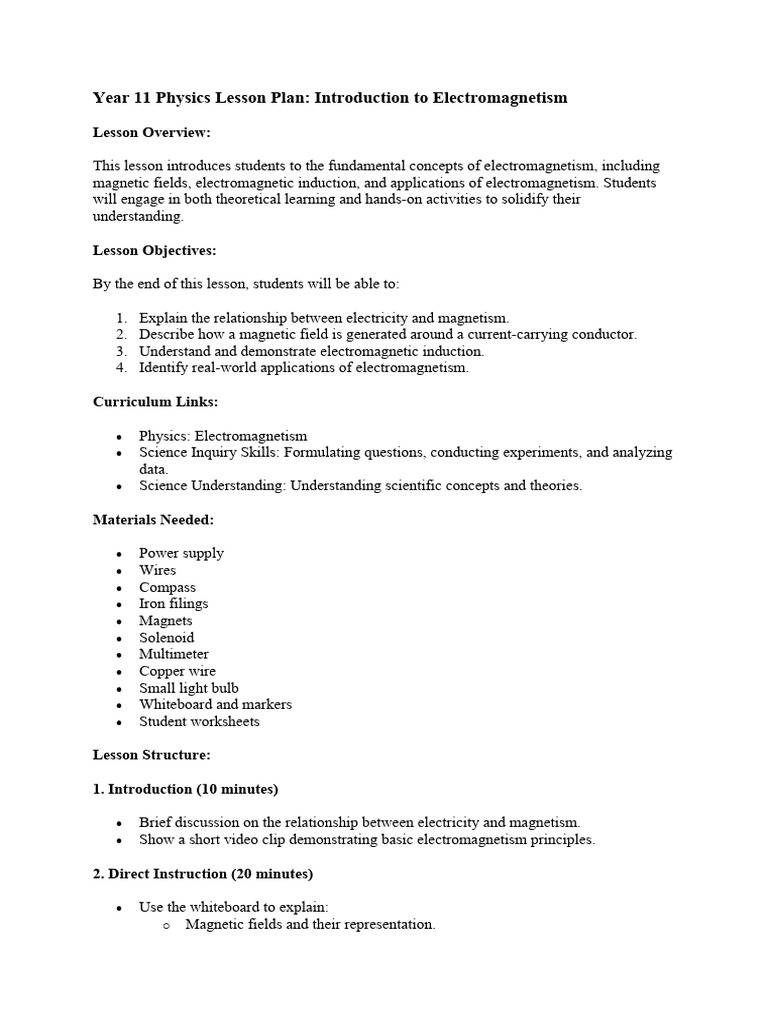 Lesson Plan for Y11 Physics | PDF | Electromagnetism | Magnetic Field