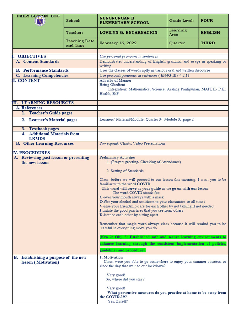 Lesson Plan in English-Cot-Objective 1 and 3-8 | PDF | Curriculum | Learning