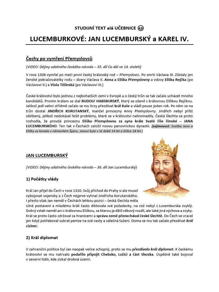 Dejepis 7.A B C D Studijni Text LUCEMBURKOVE Jan A Karel IV. | PDF