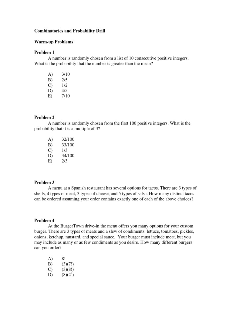 Combinatorics and Probability Drill | PDF | Odds | Numbers