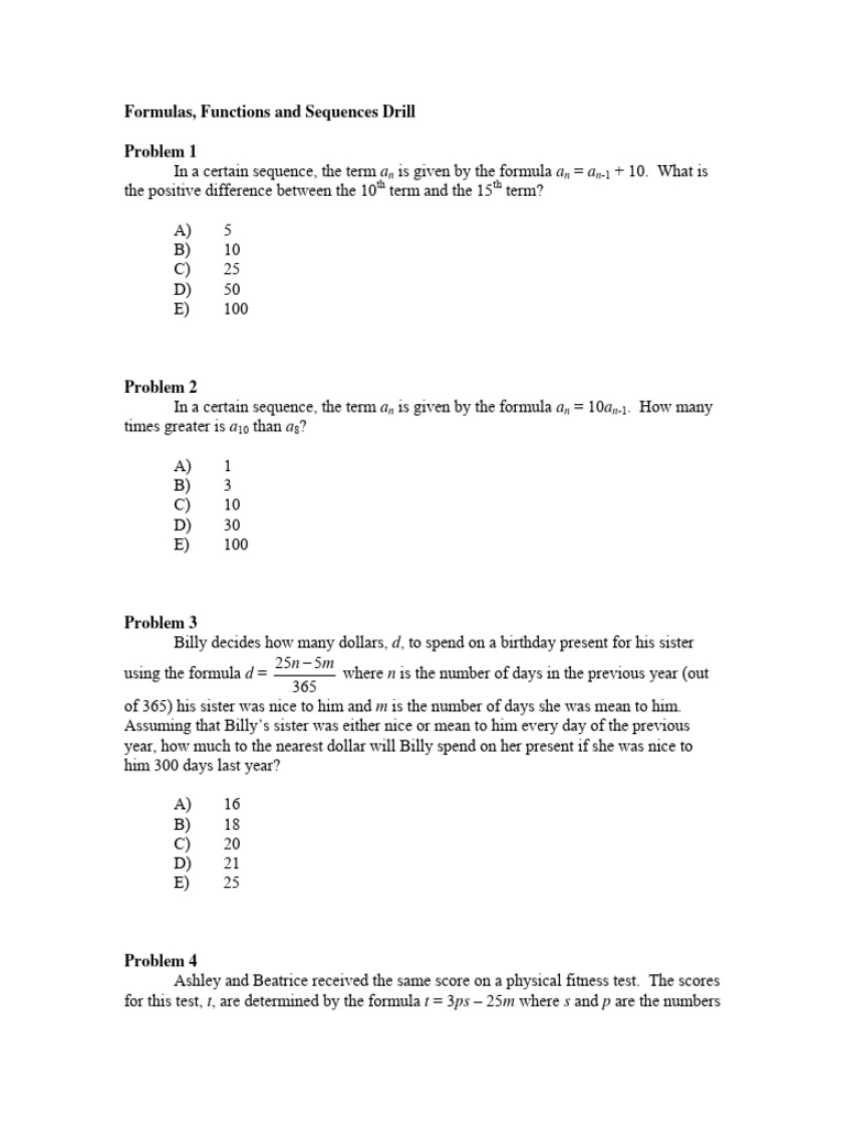 Formulas, Functions and Sequences Drill | PDF | Equations | Average