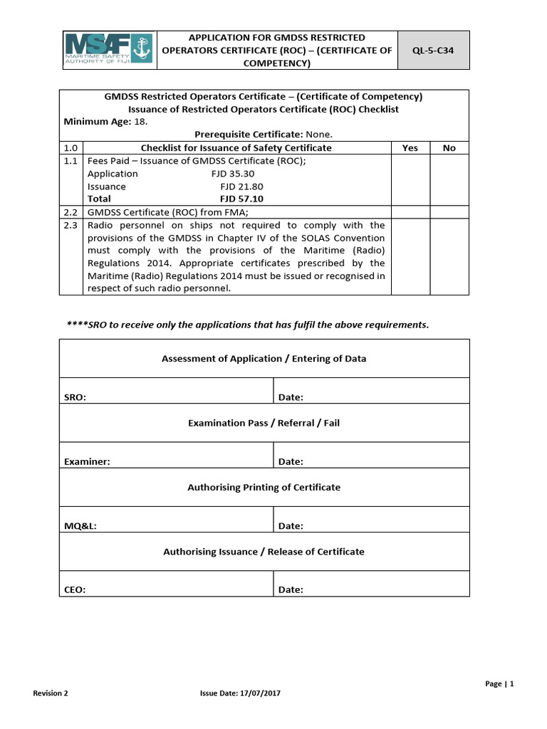 QL 5 C34 Application For GMDSS Restricted Operators Certificate ...