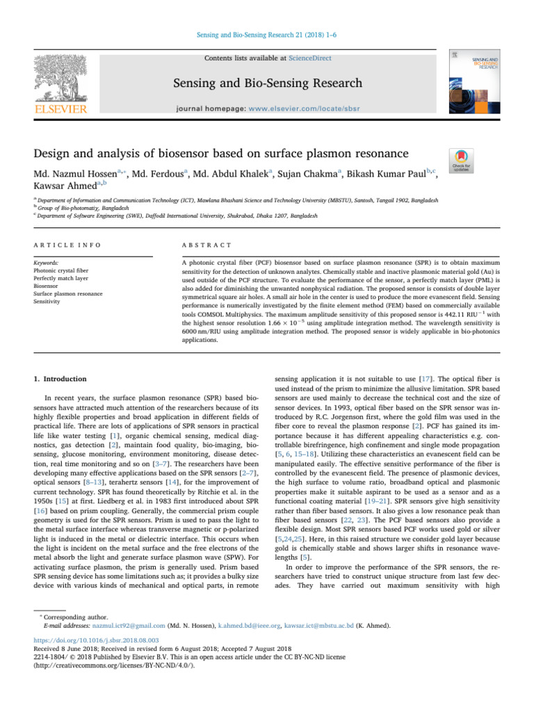 Design and analysis of biosensor based on surface plasmon resonance | Download Free PDF ...