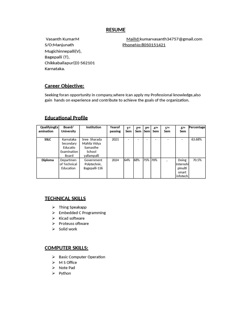 Vasanth Kumar M - Resume Summary | PDF