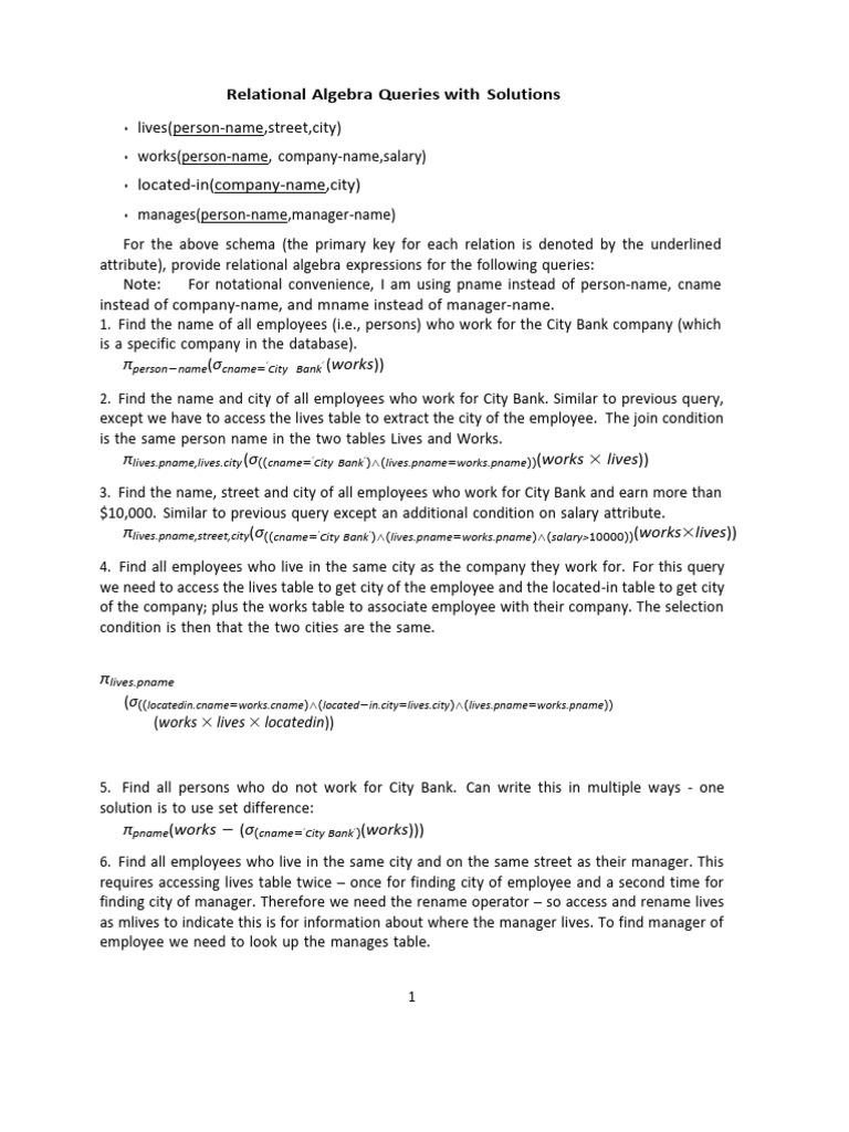 Relational Algebra Queries With Soluti | PDF | Relational Model ...