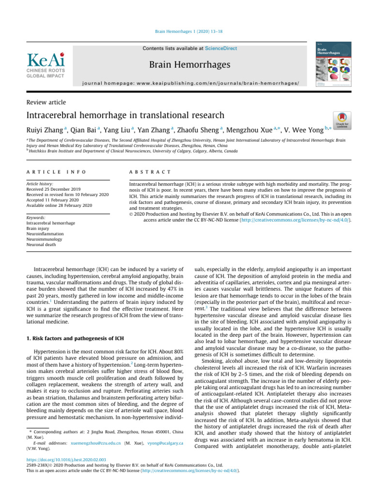 Intracerebral Hemorrhage in Translational Research - 2020 - Brain Hemorrhages | PDF ...
