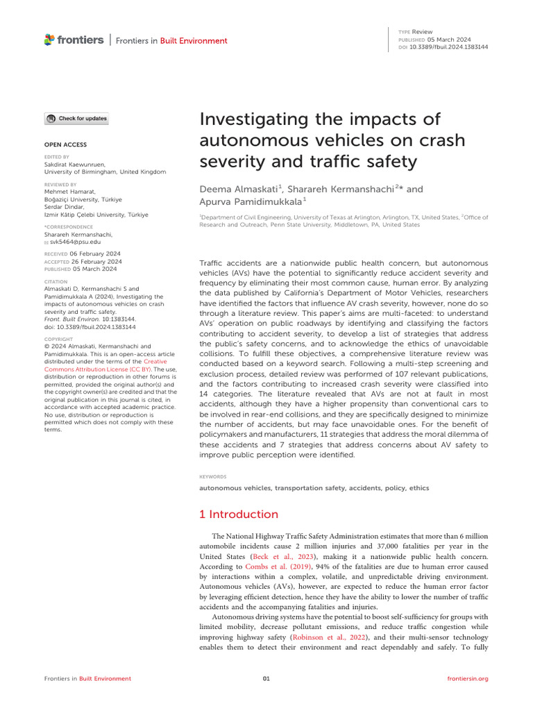 Investigating The Impacts of Autonomous Vehicles On Crash Severity and Traffic Safety | PDF ...