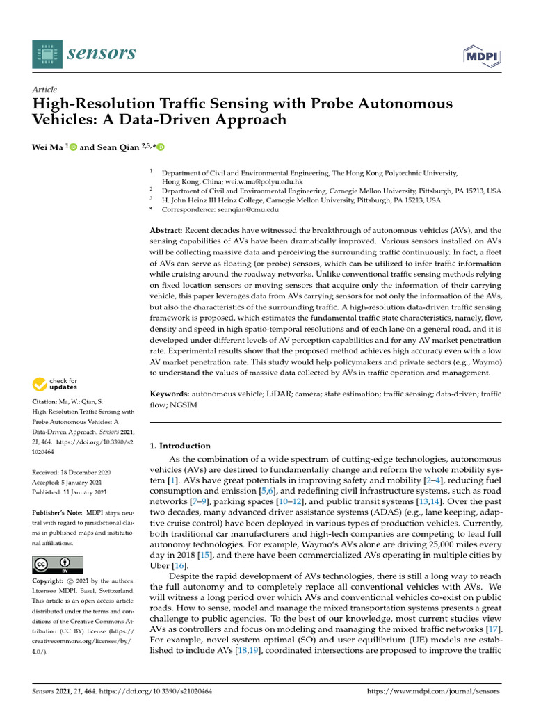 High-Resolution Traffic Sensing With Probe Autonomous Vehicles a Data ...