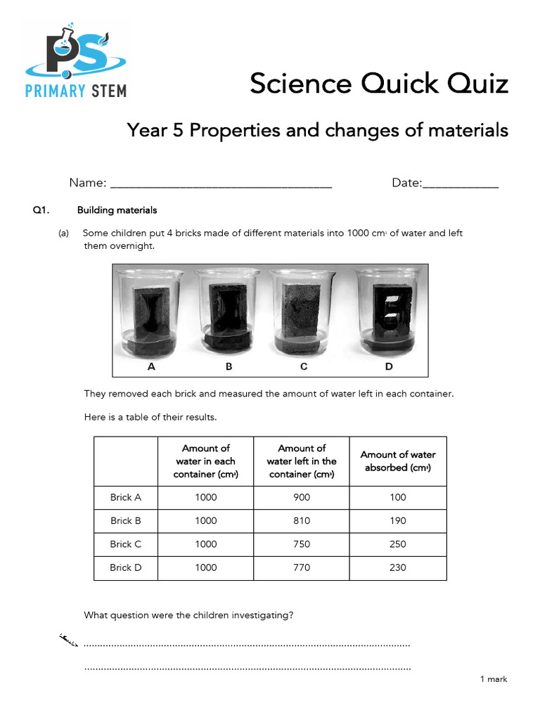 Year 5 Water Properties Quiz | PDF | Solubility | Salt (Chemistry)
