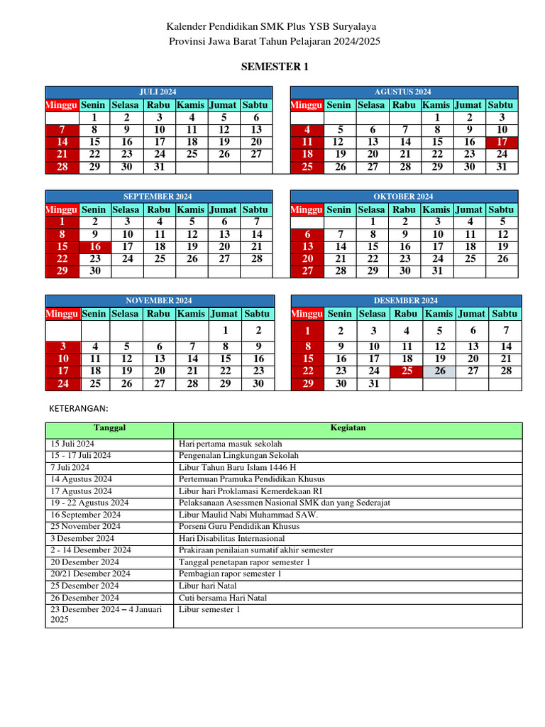 Kalender Pendidikan SMK YSB 2024-2025 | PDF
