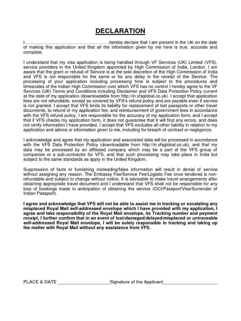Visa Application Declaration Form | PDF | Passport | Travel Visa
