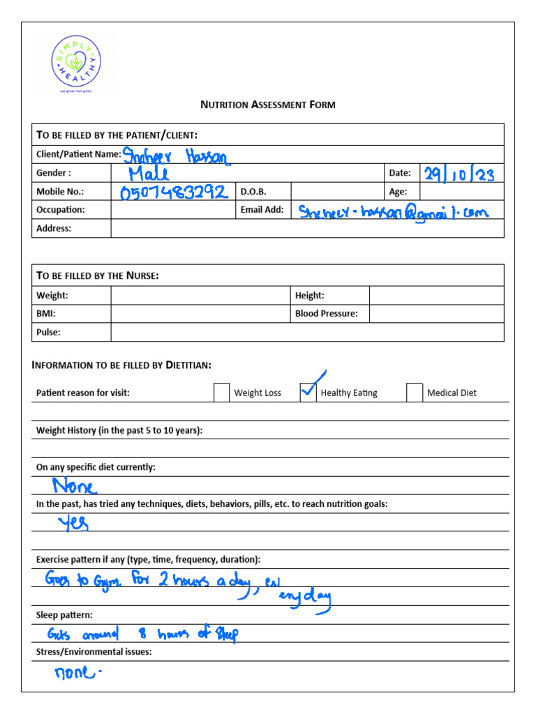 SHD Nutrition Assessment Form | PDF | Diet (Nutrition) | Diet & Nutrition