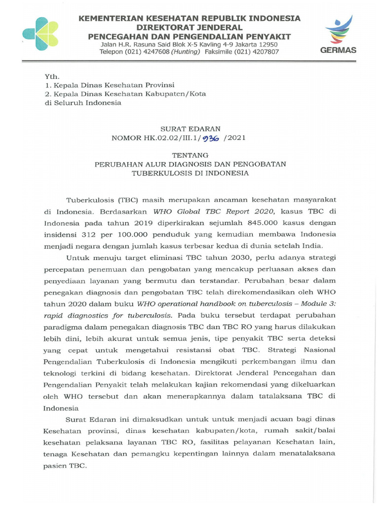 LAB - Surat Edaran Perubahan Alur Diagnosis Dan Pengobatan TB Di Indonesia 936 | PDF