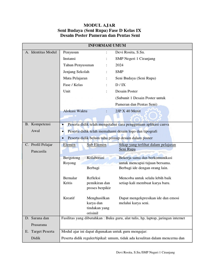 MODUL AJAR SENI RUPA Desain Poster Pameran KELAS 9 | PDF | Karier & Perkembangan