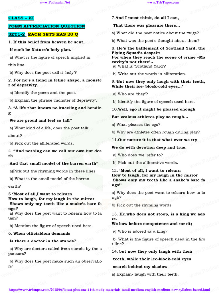 13 11th English Poem Study Materials | PDF