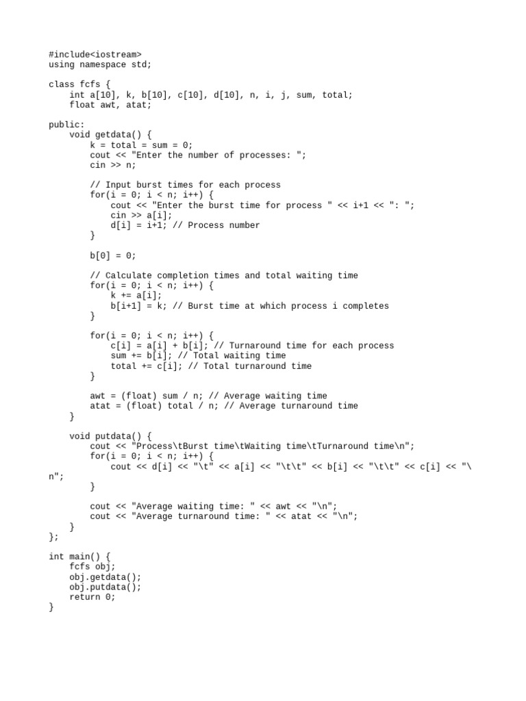 FCFS Scheduling Algorithm in C++ | PDF | Teaching Methods & Materials