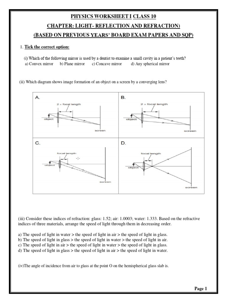Physics Worksheet I Chapter 1 Class 10 | PDF | Mirror | Optics