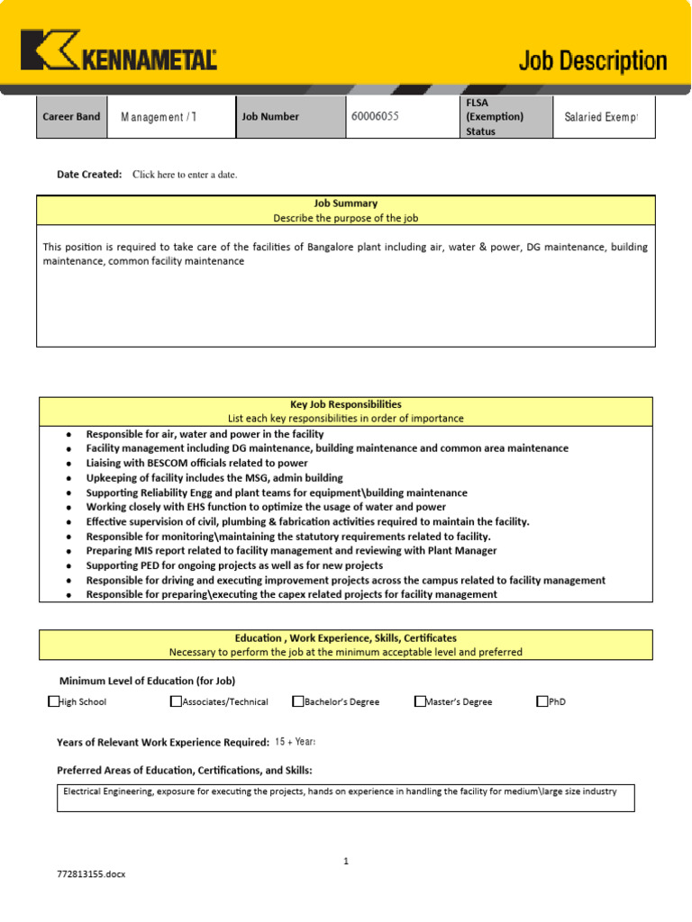 Facility Manager Job Description | PDF | Occupational Safety And Health ...