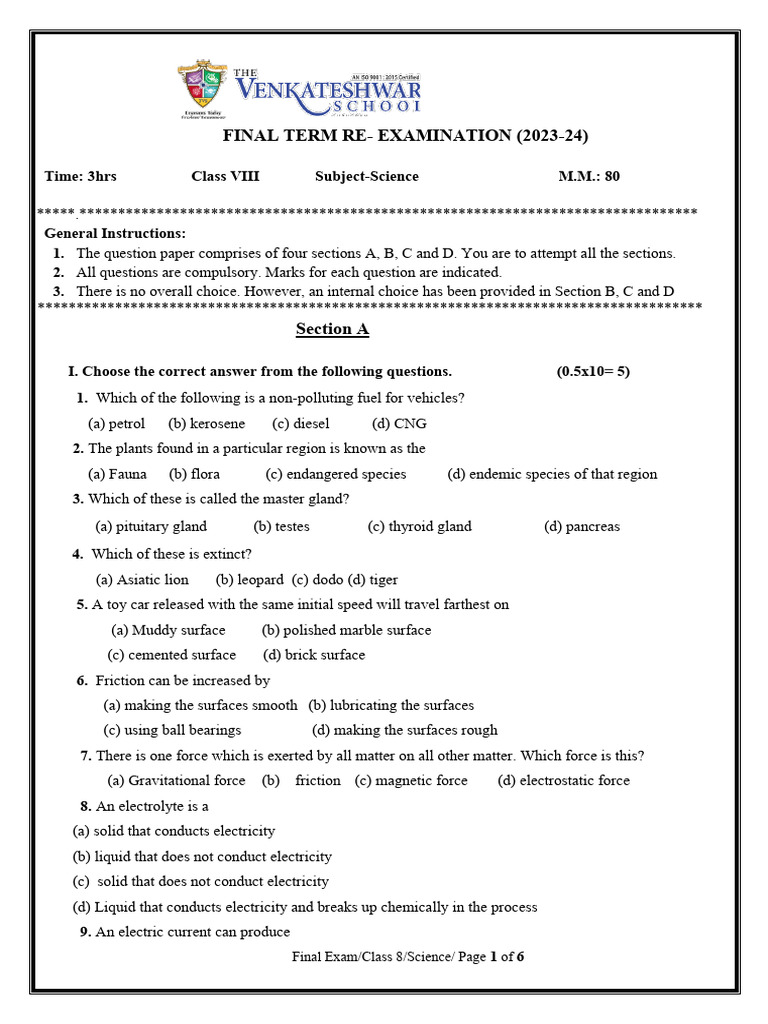 Class 8 Final Term 2023-24 Science RE | PDF | Soil | Deforestation
