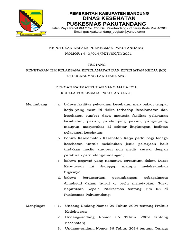 Tim K3 Puskesmas Pakutandang 2021 | PDF