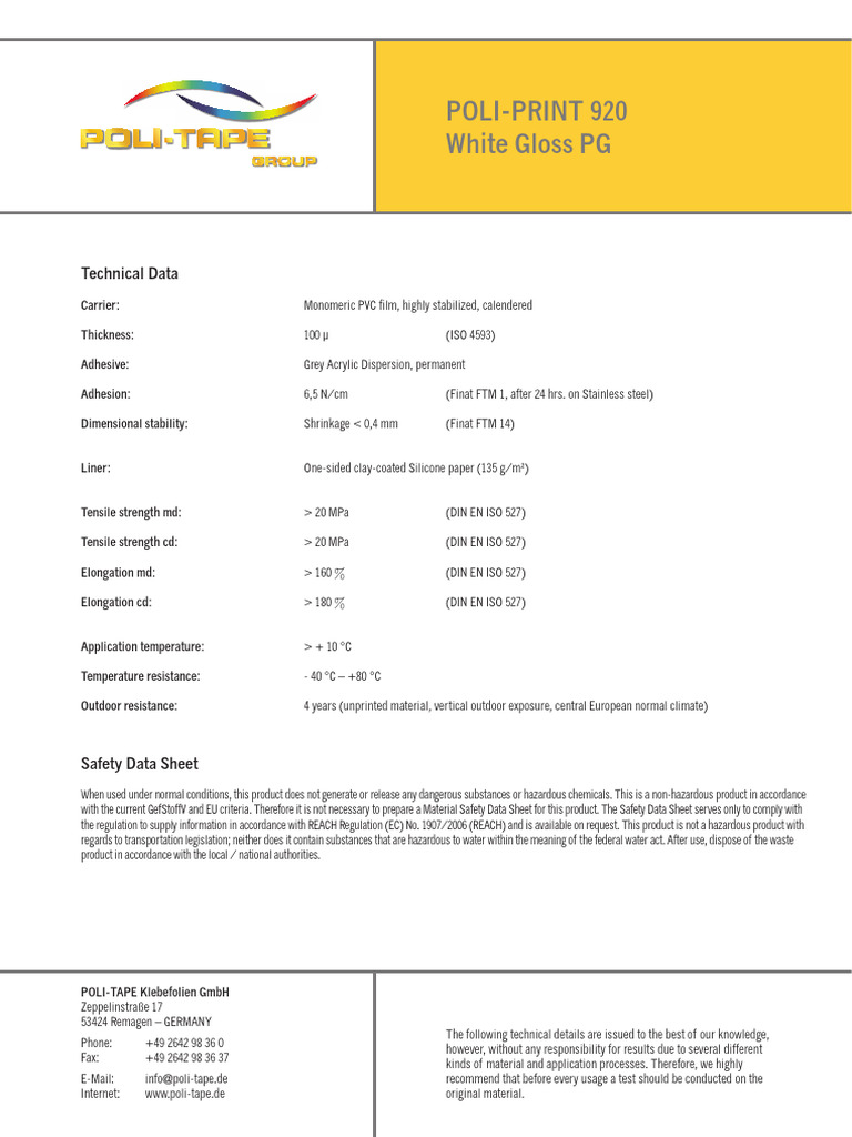 POLI-PRINT 920 White Gloss PVC Film | PDF | Lamination | Materials
