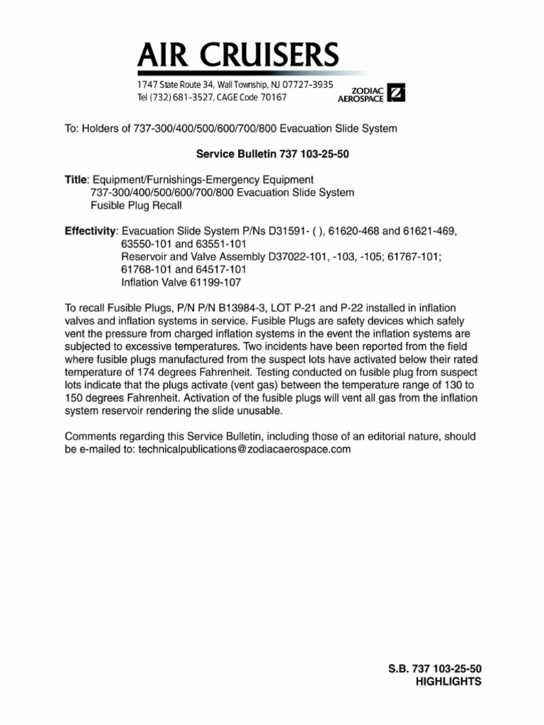 Air Cruisers Service Bulletin 737 103-25-50 | PDF | Valve | Aviation