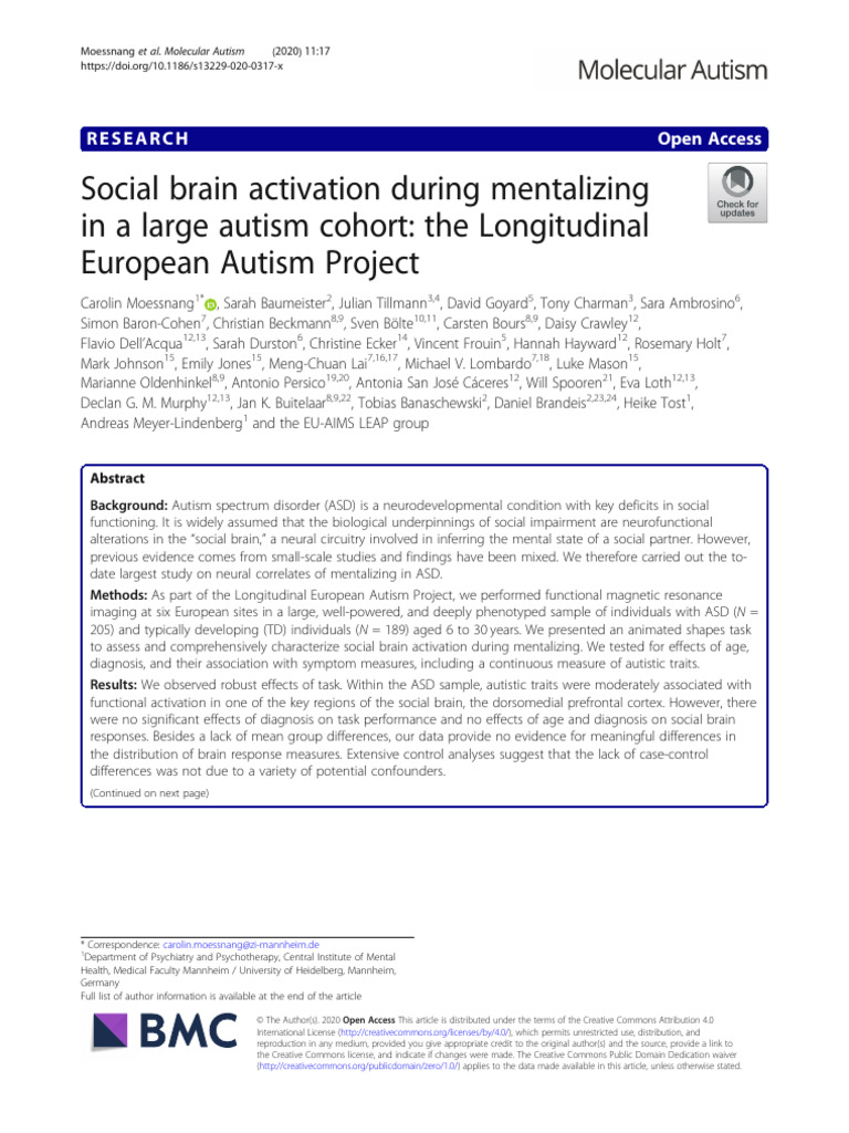 Social Brain Activation During Mentalizing in A Large Autism Cohort: The Longitudinal European ...