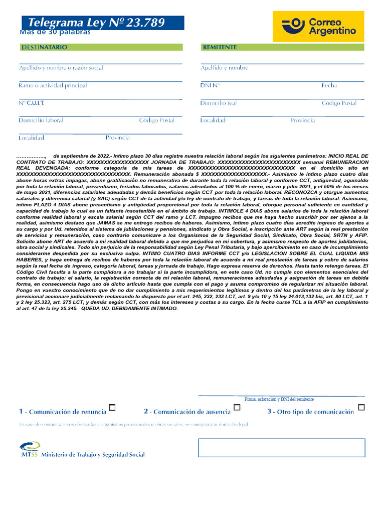 TELEGRAMA MODELO | Descargar gratis PDF | Salario | Labor