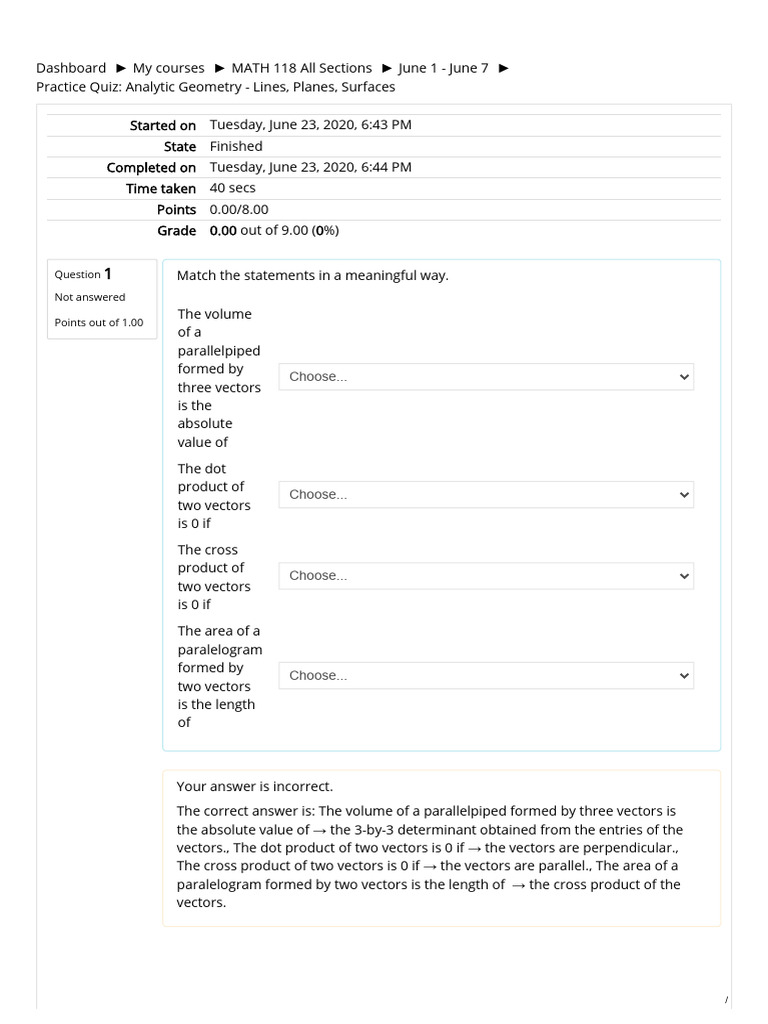 Practice Quiz Analytic Geometry Lines Planes Surfaces Attempt