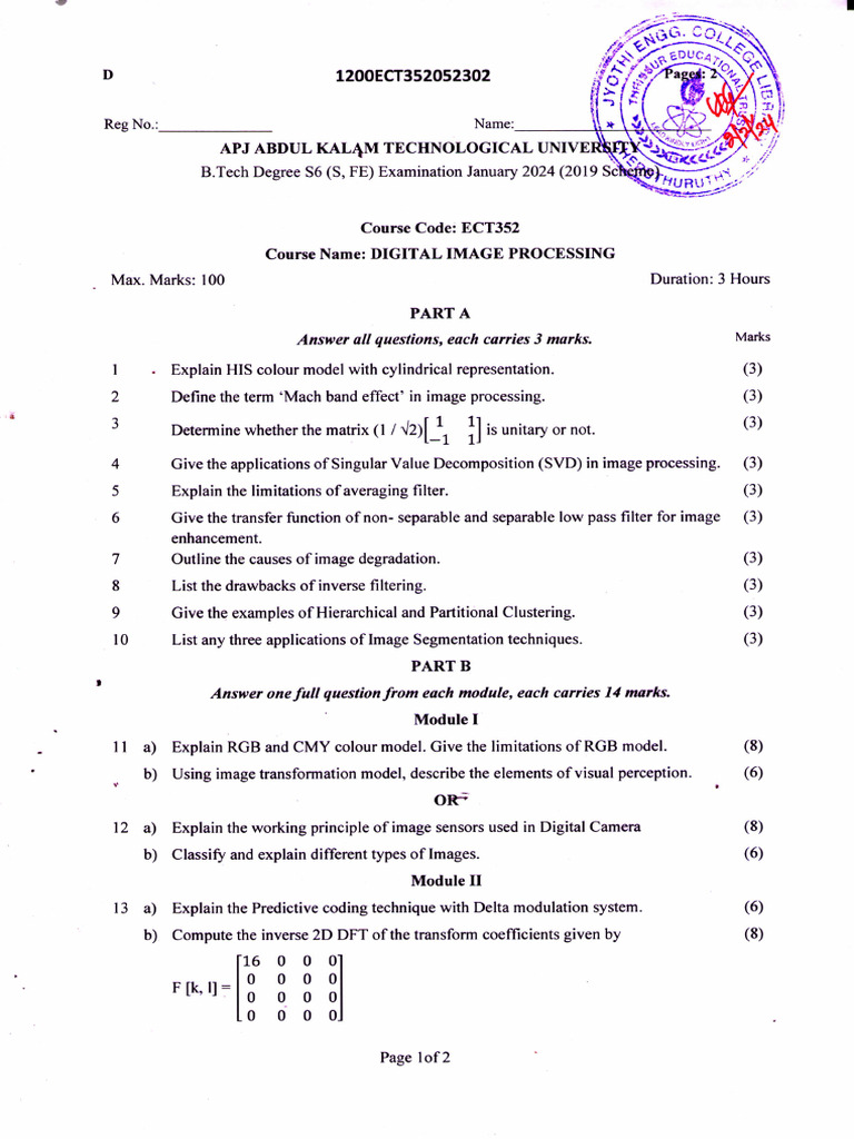 Ect352 Digital Image Processing, January 2024 | PDF | Filter (Signal Processing) | Image Processing