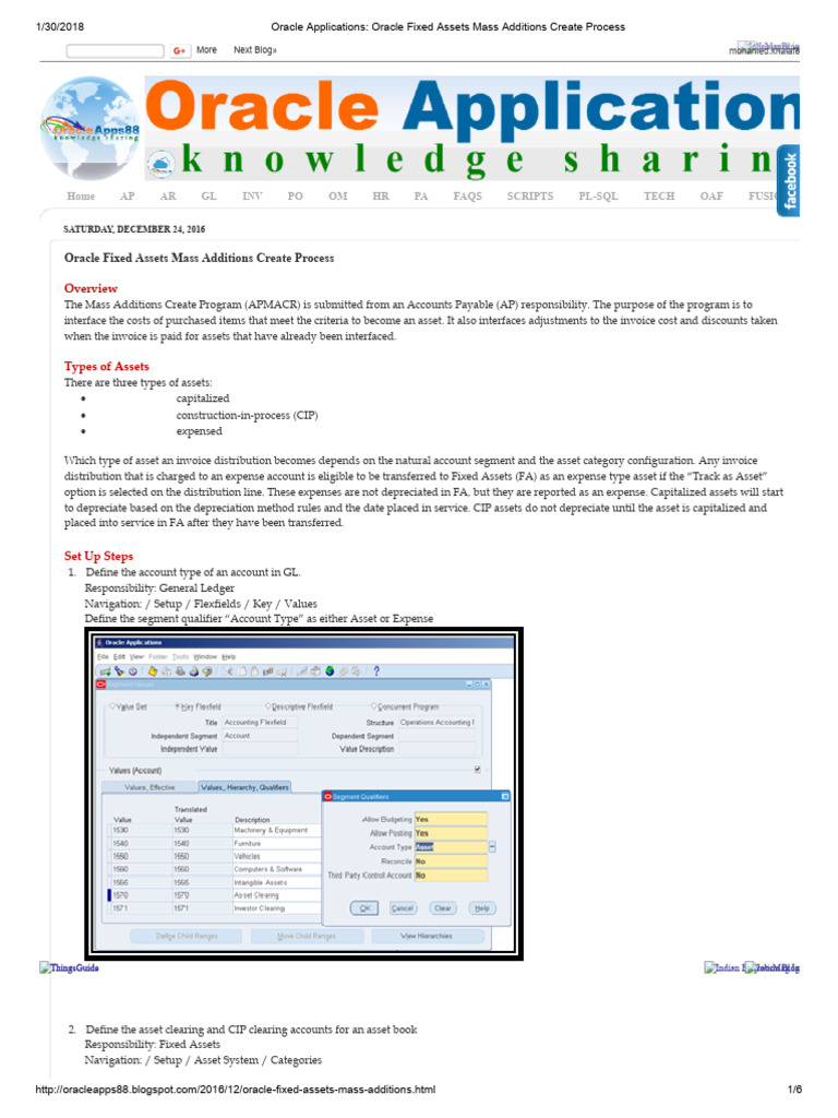 Oracle Applications Oracle Fixed Assets Mass Additions Create Process