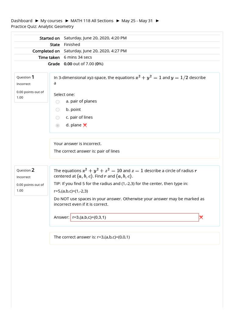 Practice Quiz - Analytic Geometry - Attempt Review | PDF | Euclidean ...