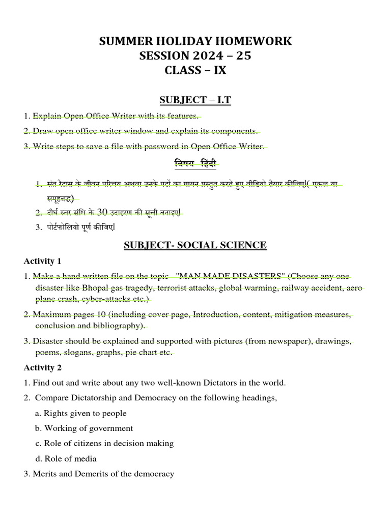 Class 9 Summer Holiday Homework Combined | PDF | Gases | Physics
