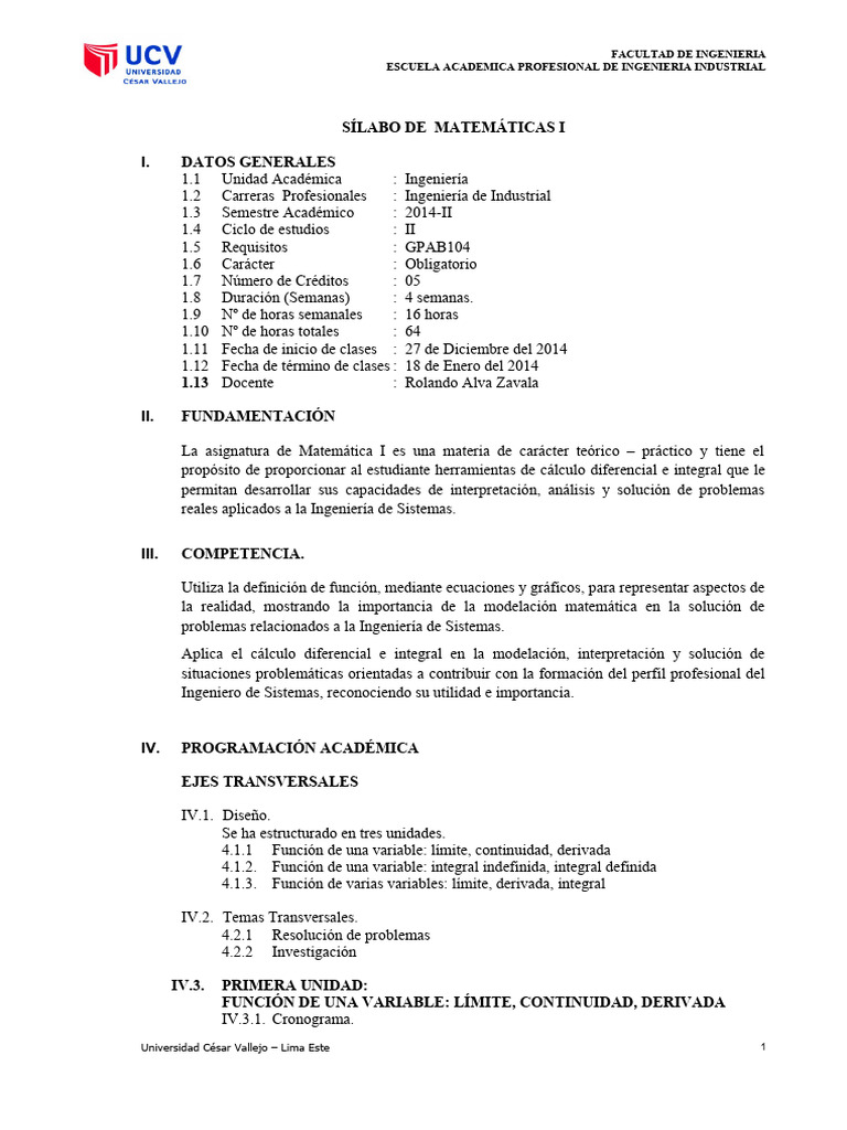 Silabus Matematica I MALLA B UCV | PDF | Integral | Derivado