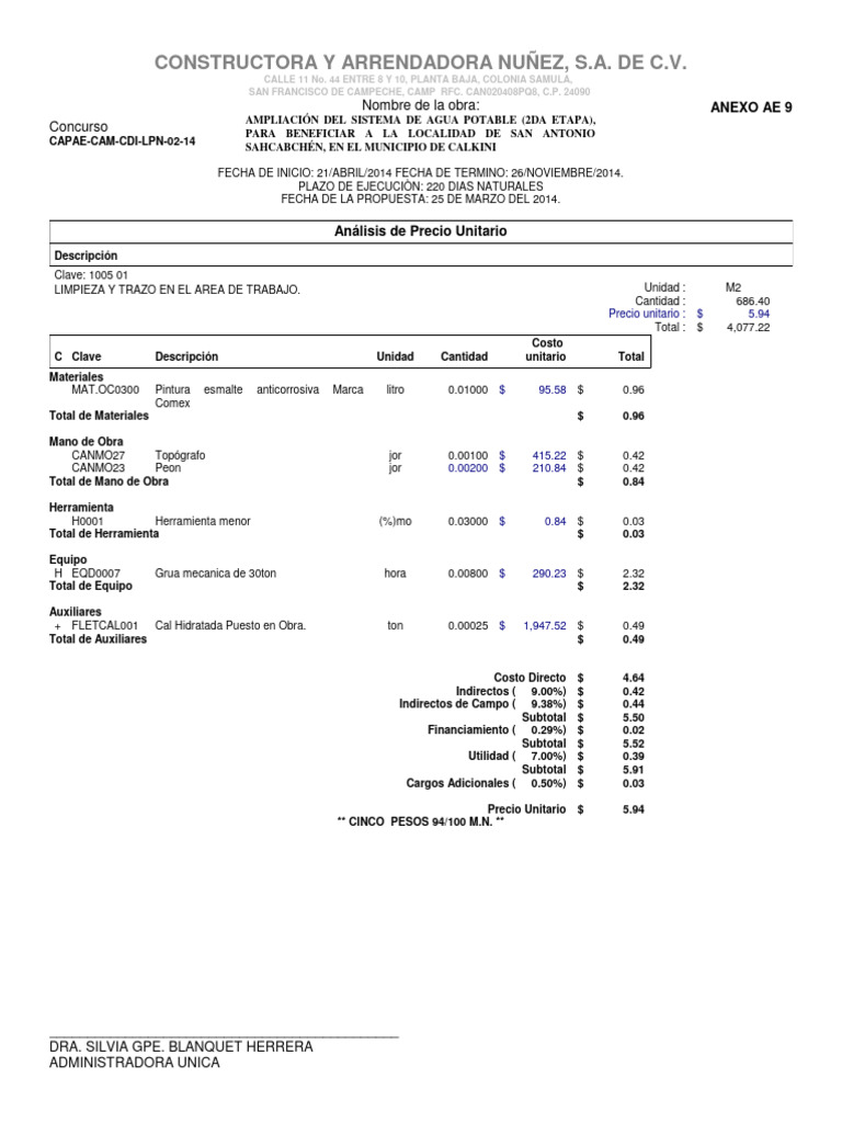 Anexo AE 9 Análisis de Precio Unitario | PDF