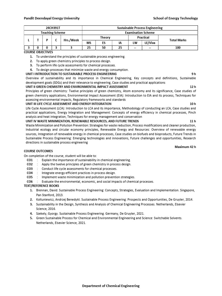 Sustainable Process Engineering - Syllabus | PDF | Green Chemistry ...