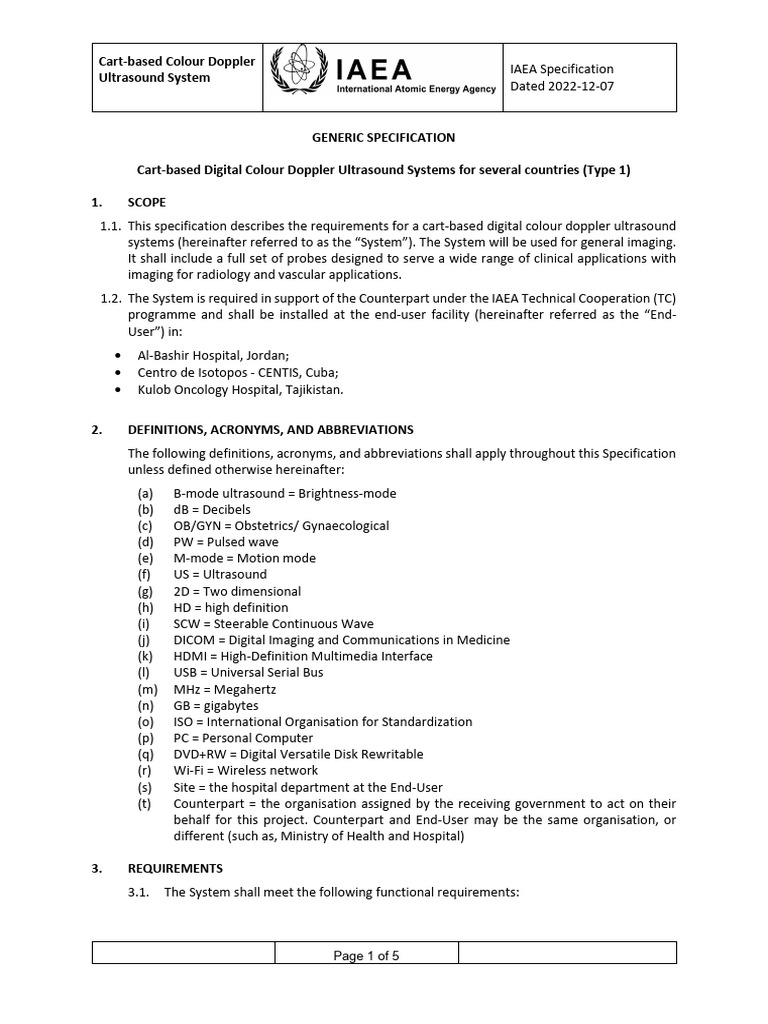IAEA Specification - Ultrasound Systems - Type 1 | PDF | Medical ...