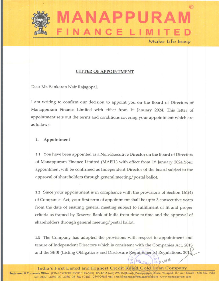 Letter of Appointment | PDF | Board Of Directors | Business Law