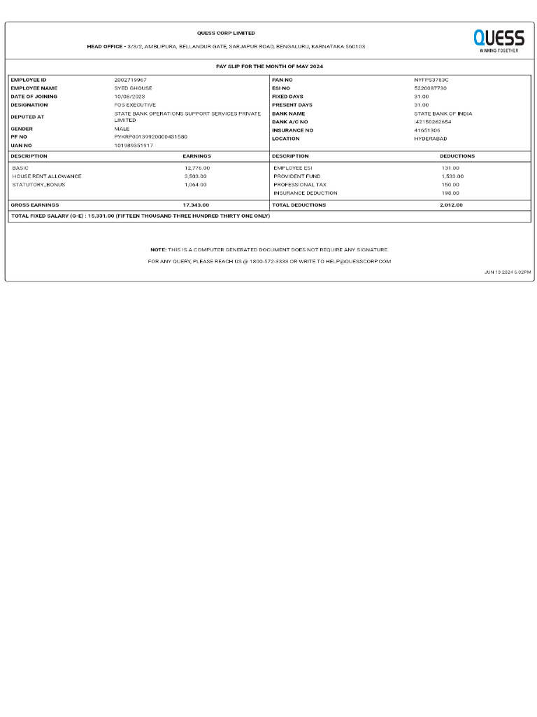 Syed - Ghouse - May 2024 - Salary Slip - May-2024 | PDF