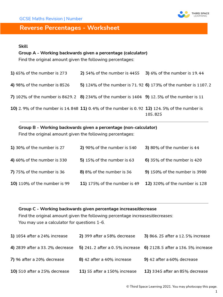 Third Space Learning Reverse Percentages GCSE Worksheet 1 | PDF | Ice Cream