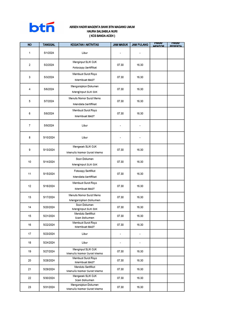 Format Absen Magenta BTN Magang Reguler | PDF