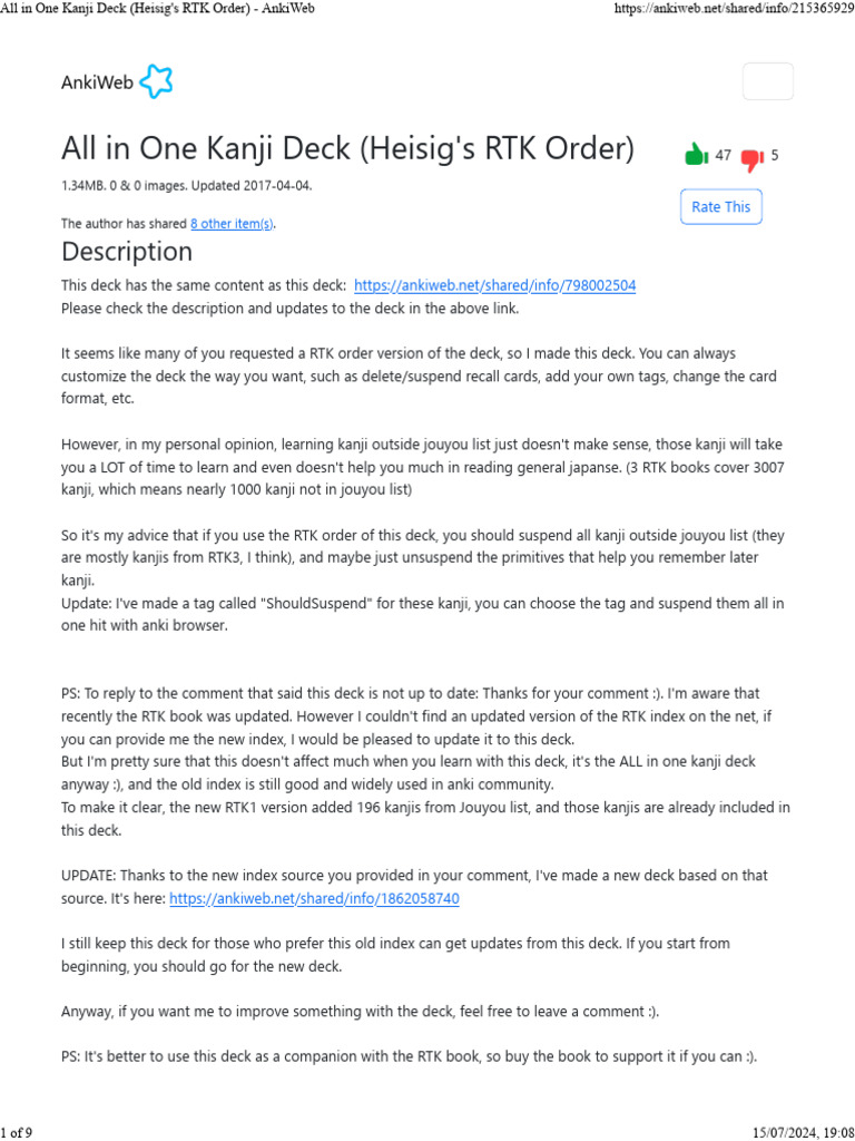 All in One Kanji Deck (Heisig's RTK Order) - AnkiWeb | PDF | Kanji ...